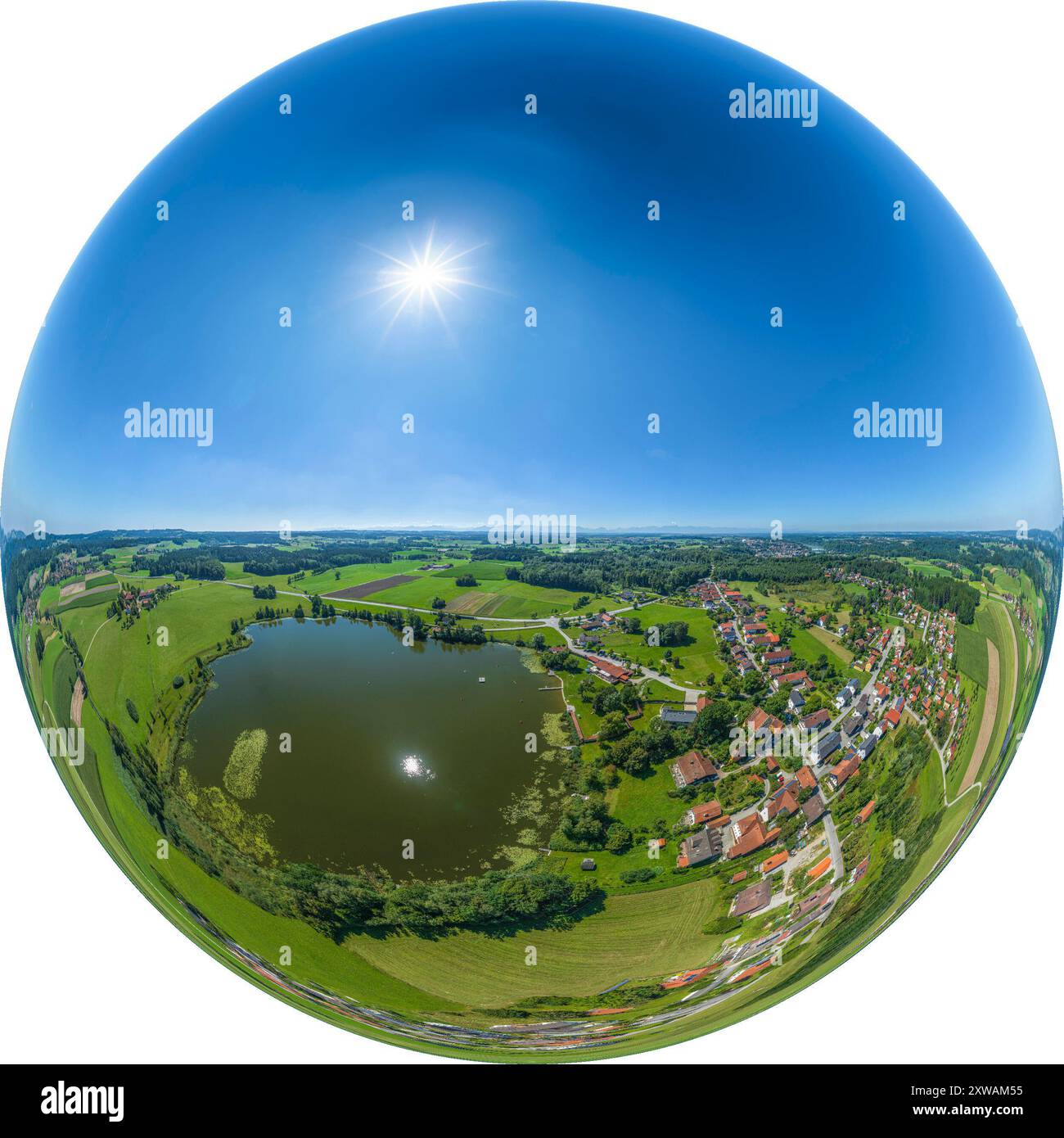 Aerial view to the Penzinger Lake near Wasserburg inthe bavarian alpine ...