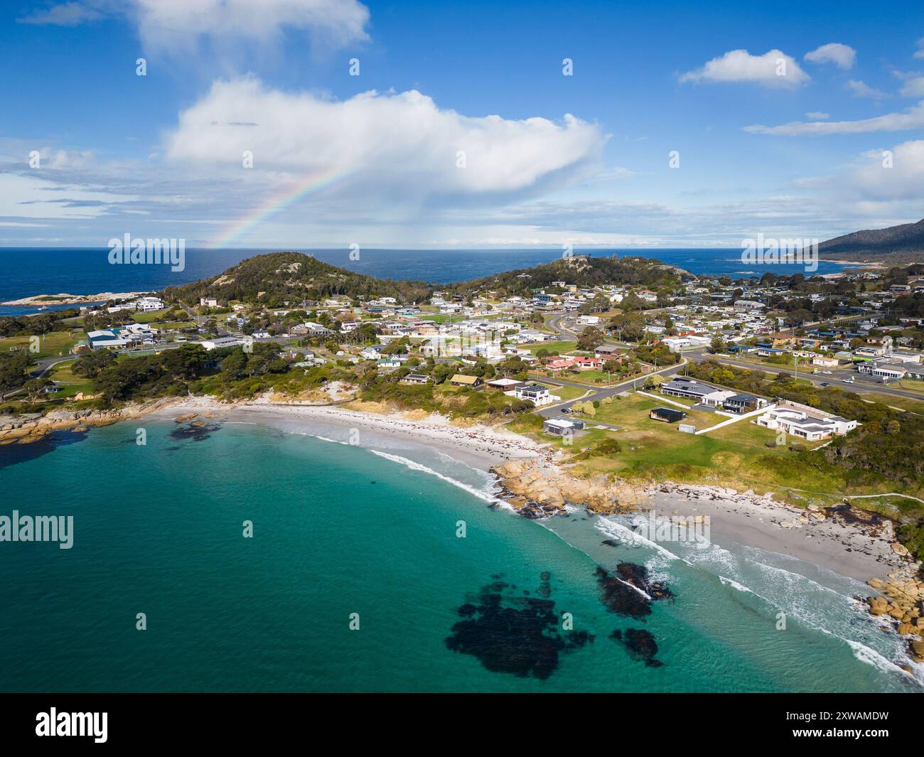 Bicheno, Tasmania: Aerial drone view of the beach at Bicheno coastline ...