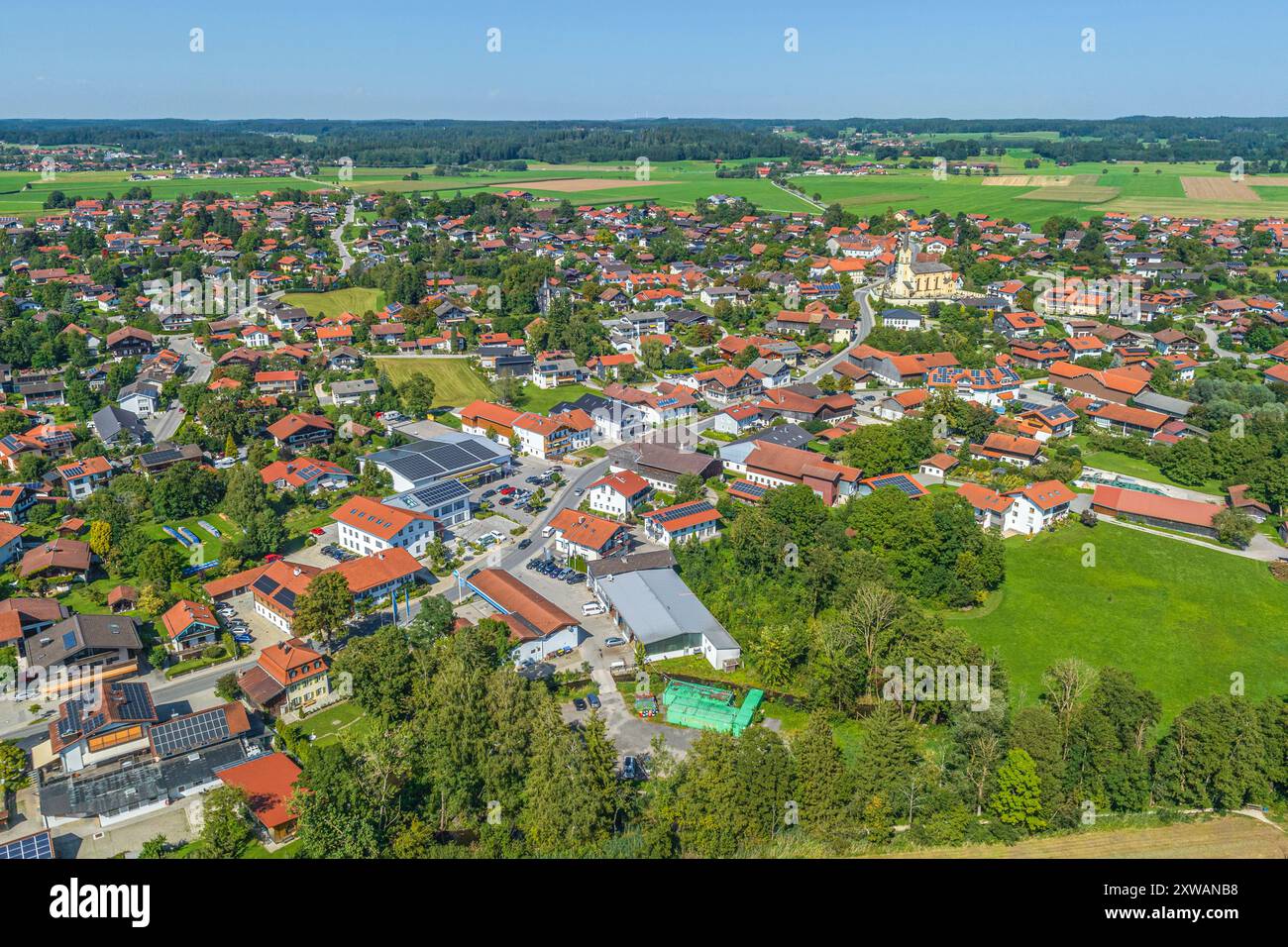 View of Chieming on the eastern shore of Lake Chiemsee in the ...
