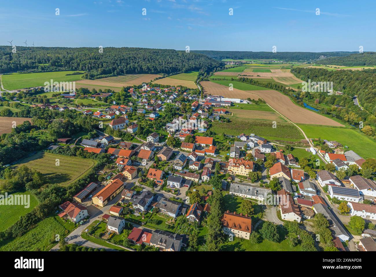 Aerial view to the idyllic upper bavarian Altmuehl Valley aroung the ...