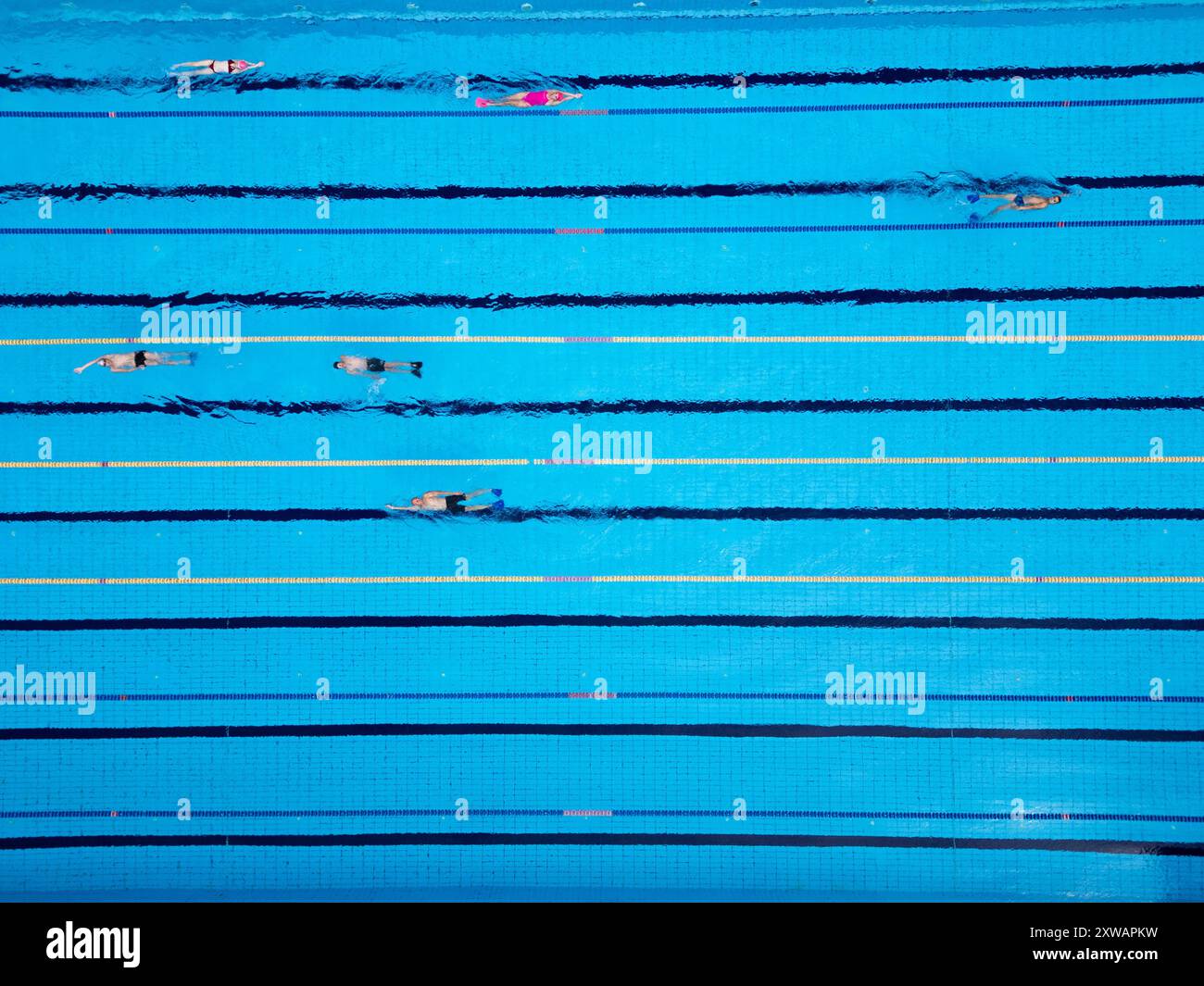 Drone video of swimmers in a clear blue pool, captured from above. The ...