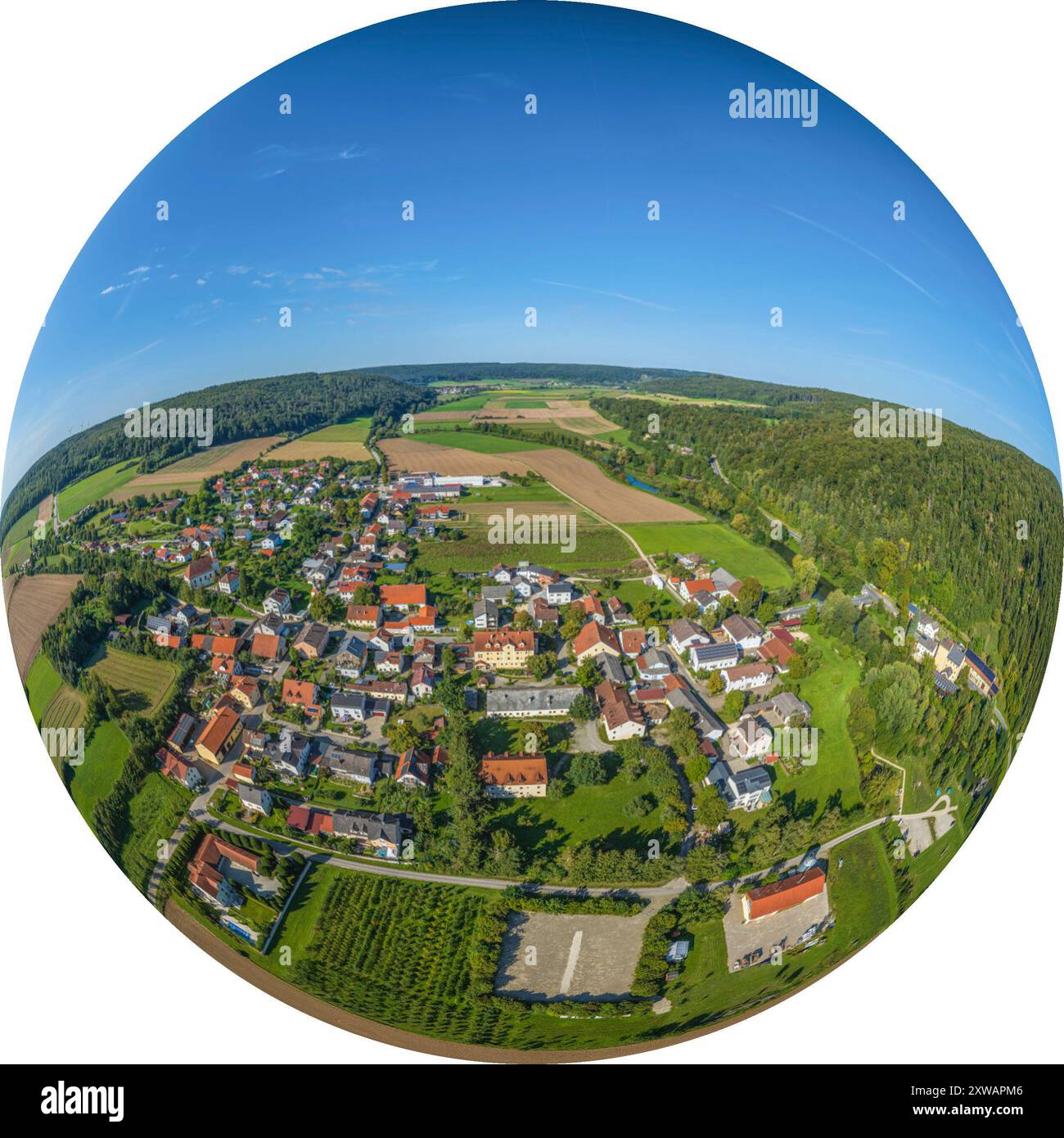 Aerial view to the idyllic upper bavarian Altmuehl Valley aroung the ...