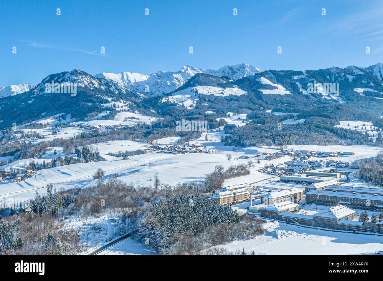 Aerial view of the Upper Allgäu district town of Sonthofen in winter ...