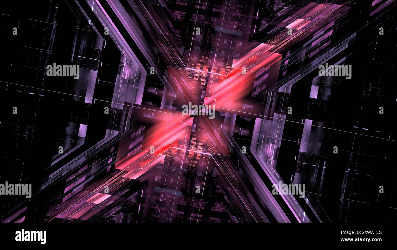 Dynamic patterns of red and purple intersecting in a complex geometric design create a striking ...