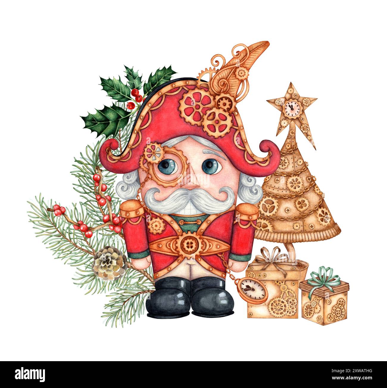 Nutcracker in steampunk style with fir branches, holly, red berry and ...