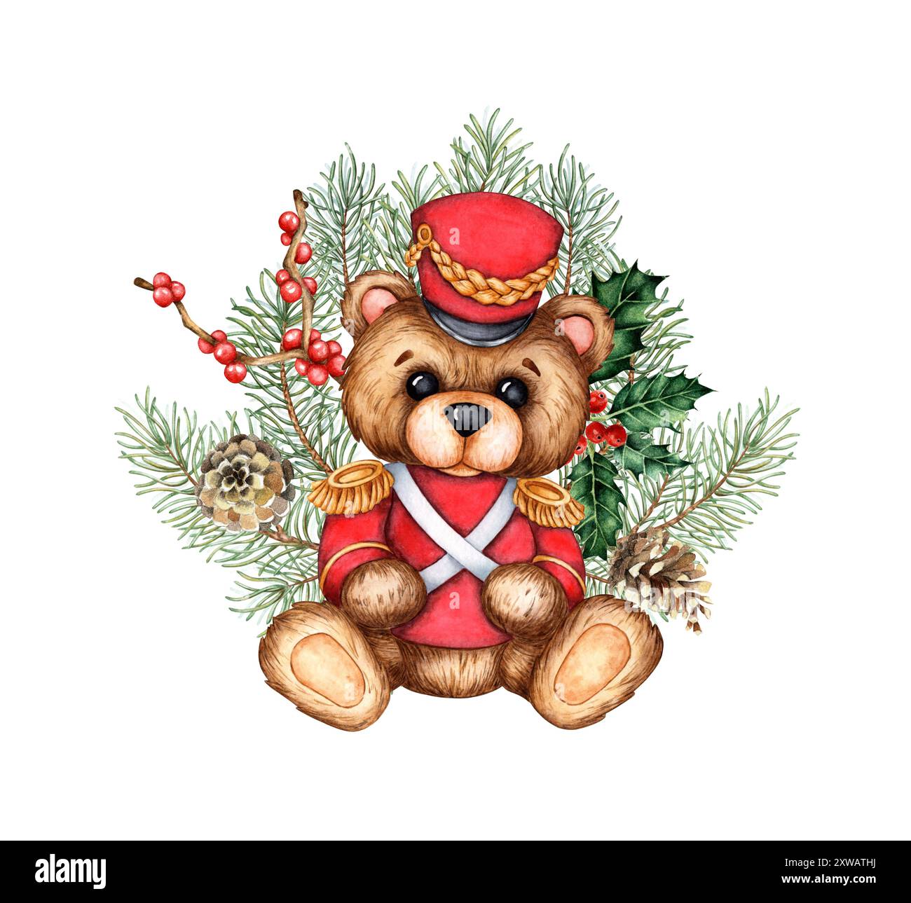 Teddy bear is a military hussar in a red dress uniform with fir ...