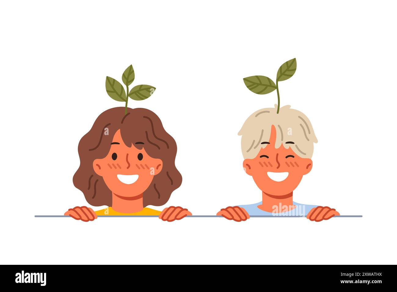 Happy children with plants sprouting from heads, showing commitment to ...