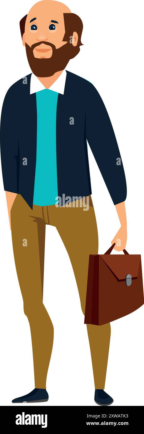 Professor cartoon character. Bearded happy man with briefcase Stock ...
