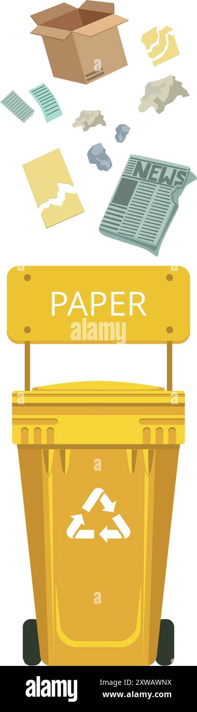 Paper waste can. Yellow container for recycle disposal Stock Vector ...