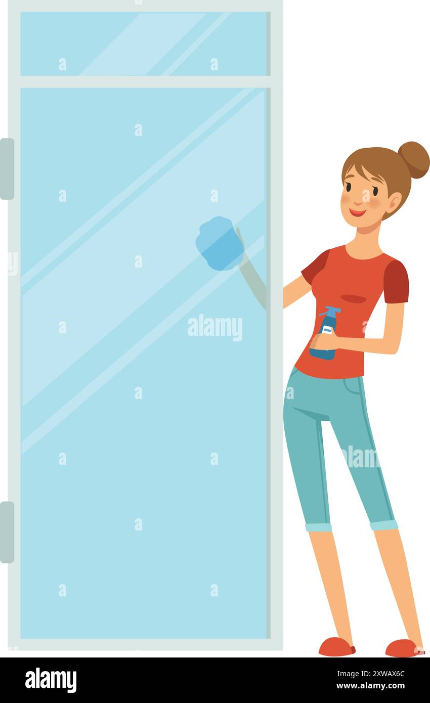 Woman cleaning window glass with sponge. Color character Stock Vector ...