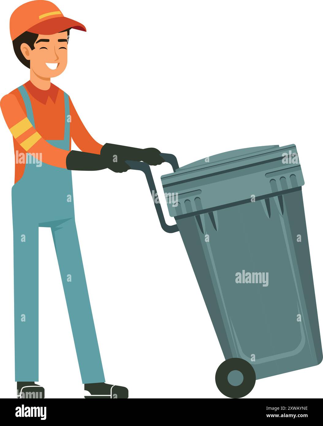 Worker pushing trash can. Garbage cleaning service Stock Vector Image ...