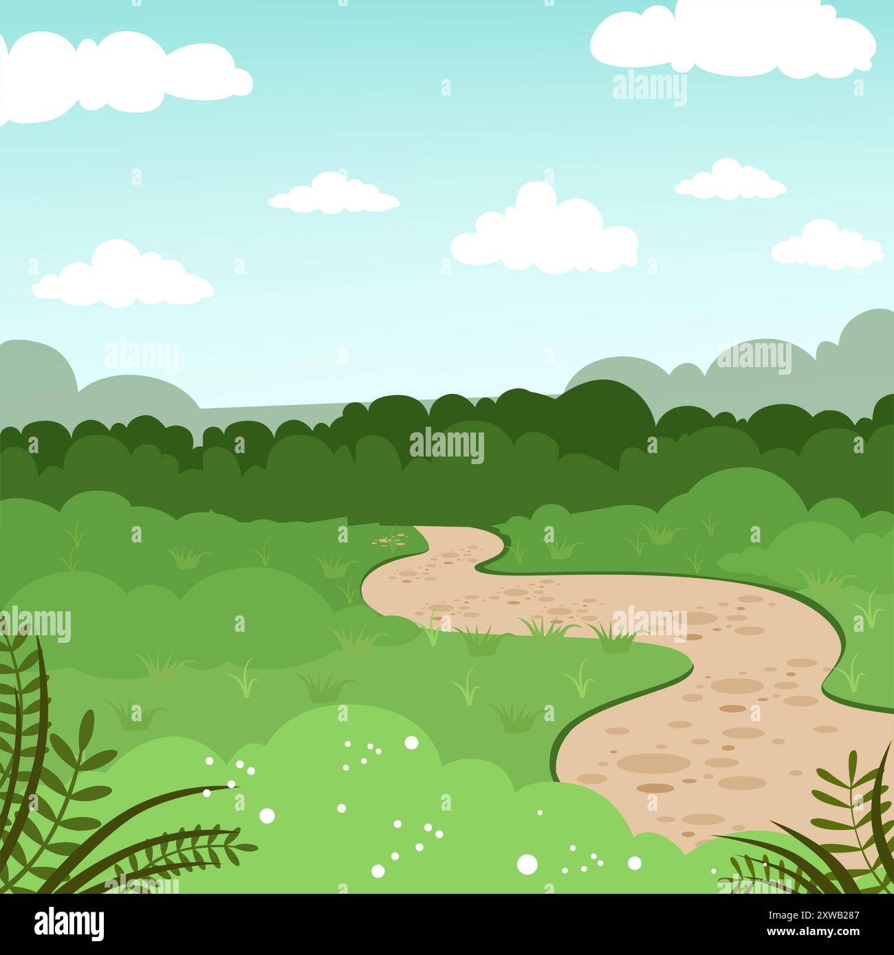 Wild nature landscape. Green summer meadow with path way Stock Vector ...