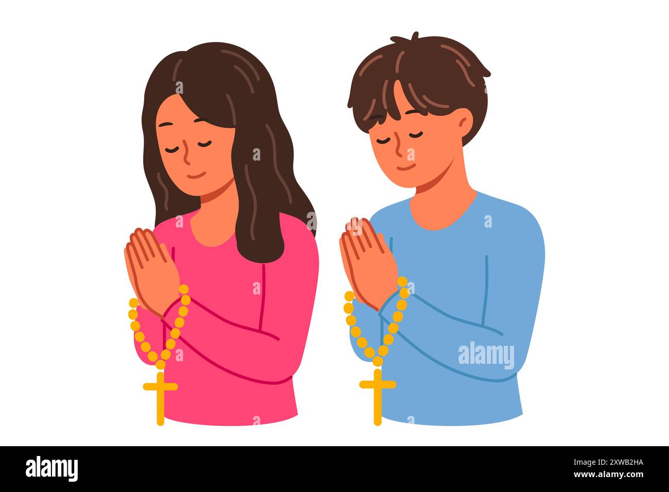 Christian children pray holding rosary with religious crosses and ...