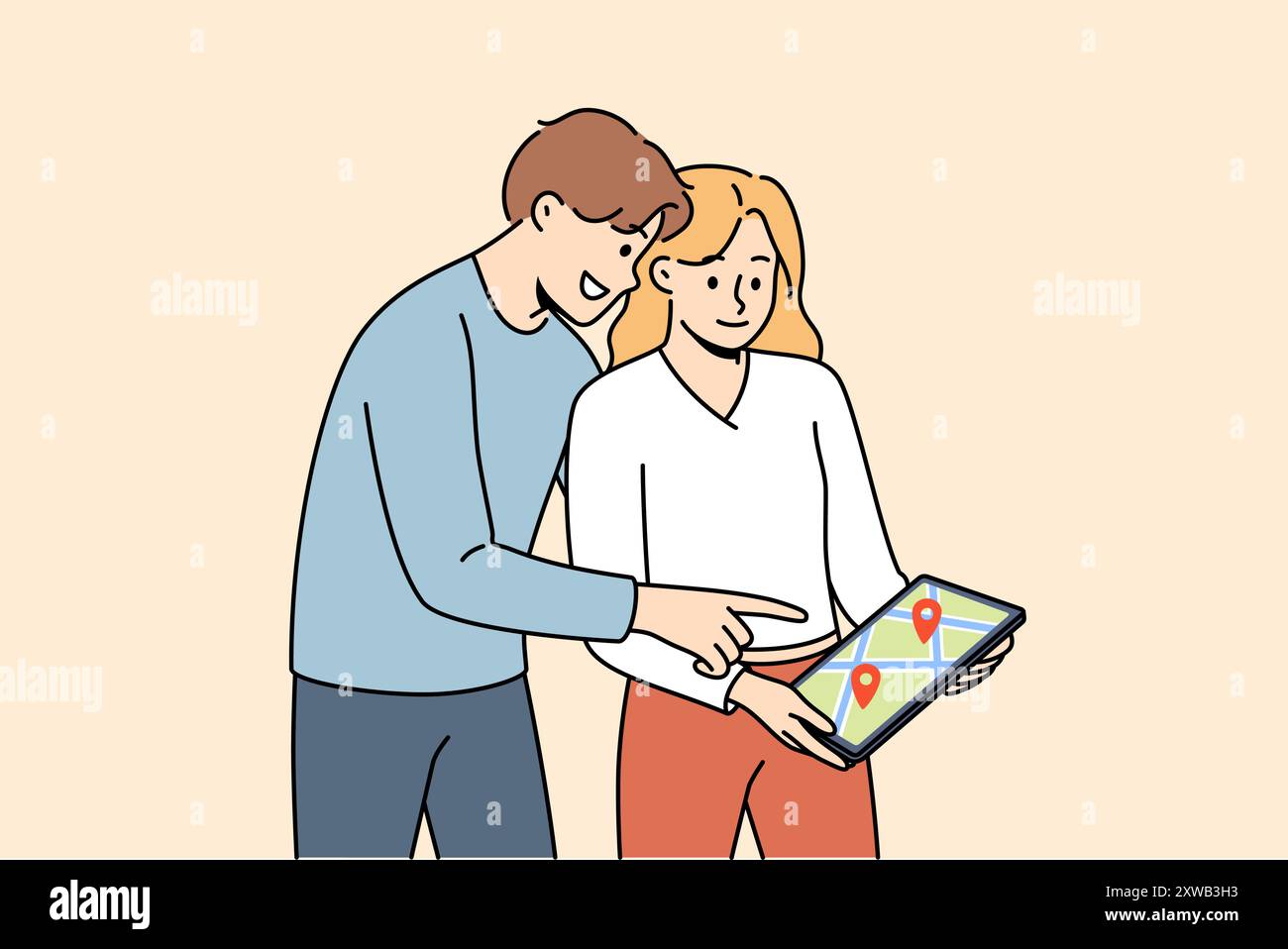 Digital maps are used by man and woman to plot route while traveling to ...