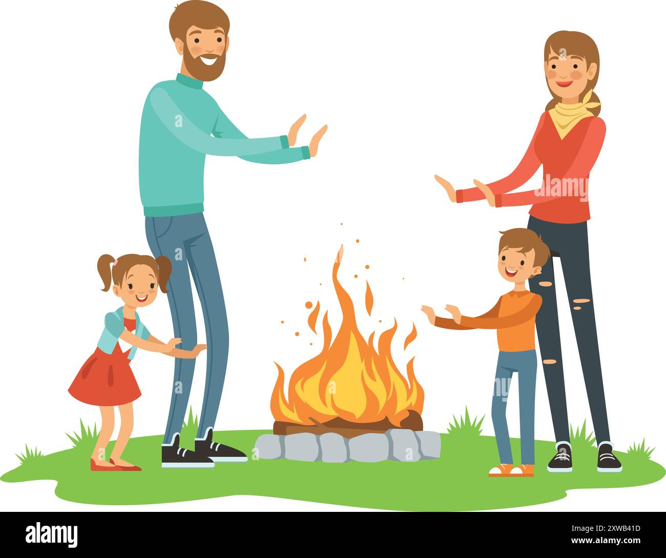 Happy family around campfire. Camping trip nature Stock Vector Image ...