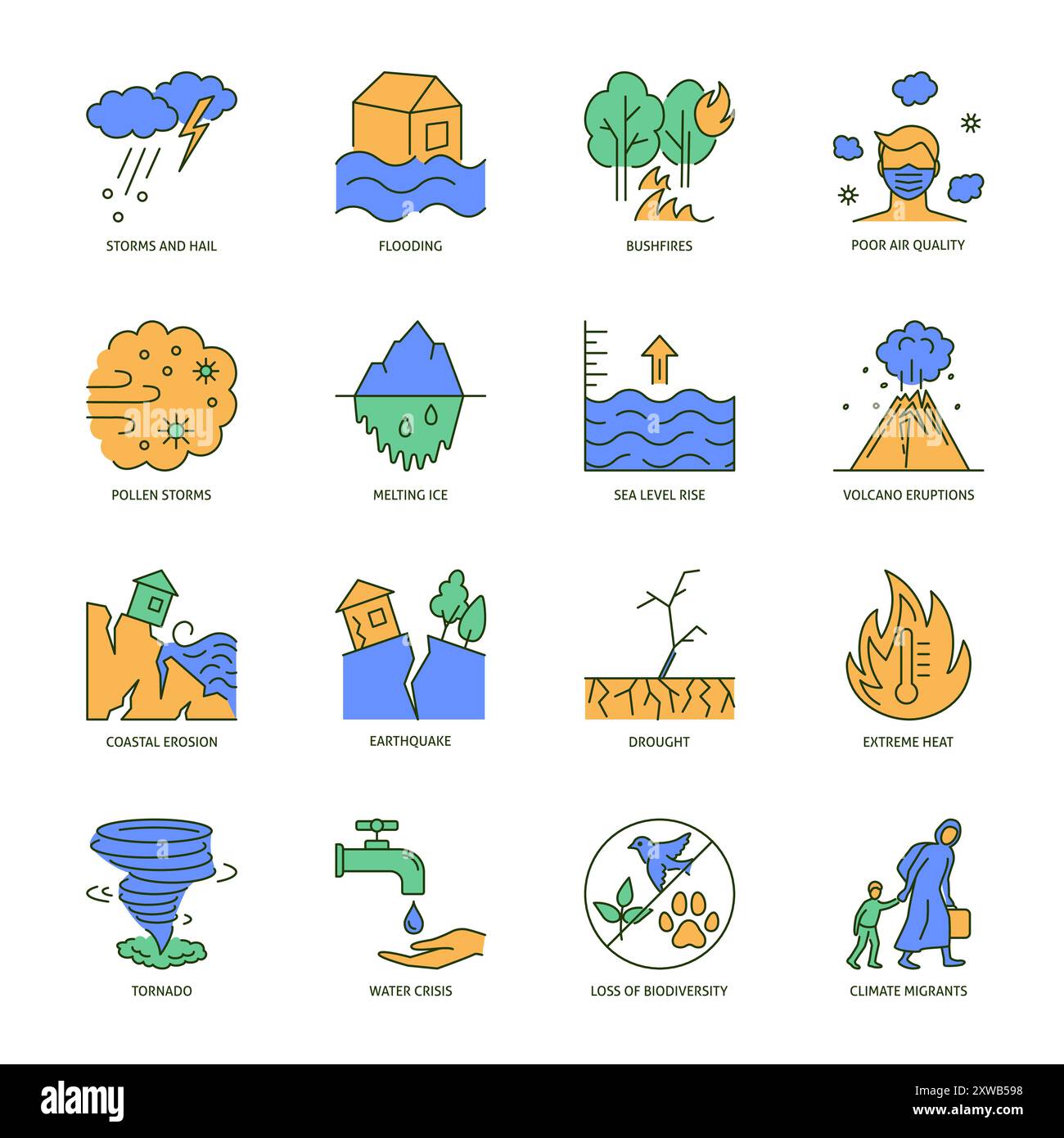 Global warming colored line icon set. Extreme environmental events ...