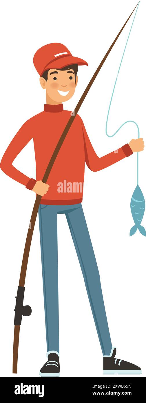 Guy catch fish with fishing rod. Cartoon happy character Stock Vector ...