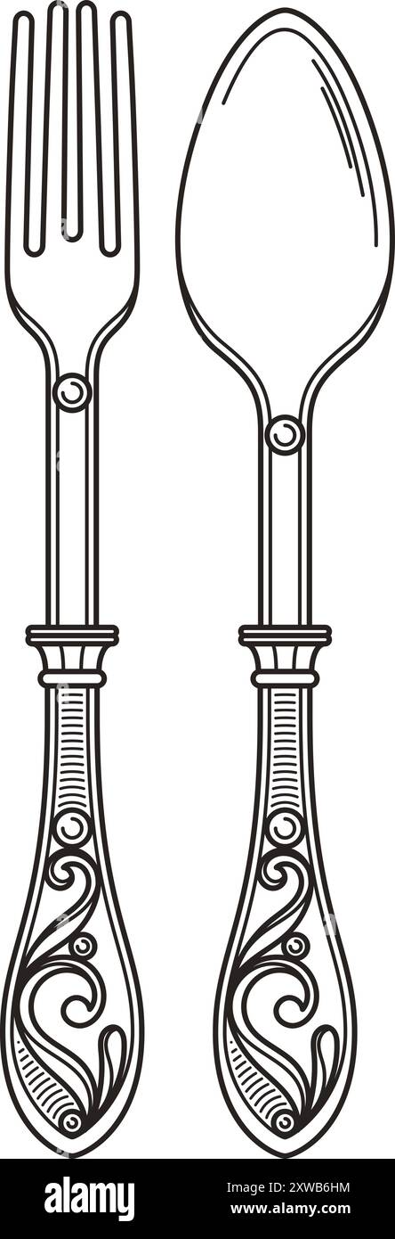 Vintage spoon and fork. Ornate decorative cutlery line drawing Stock ...