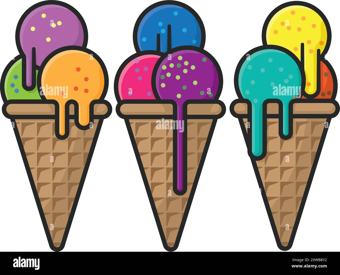 Three ice cream cones with colorful flavors vector illustration for ...