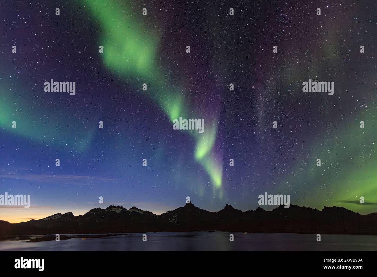 Green northern lights, aurora borealis over a fjord with steep ...