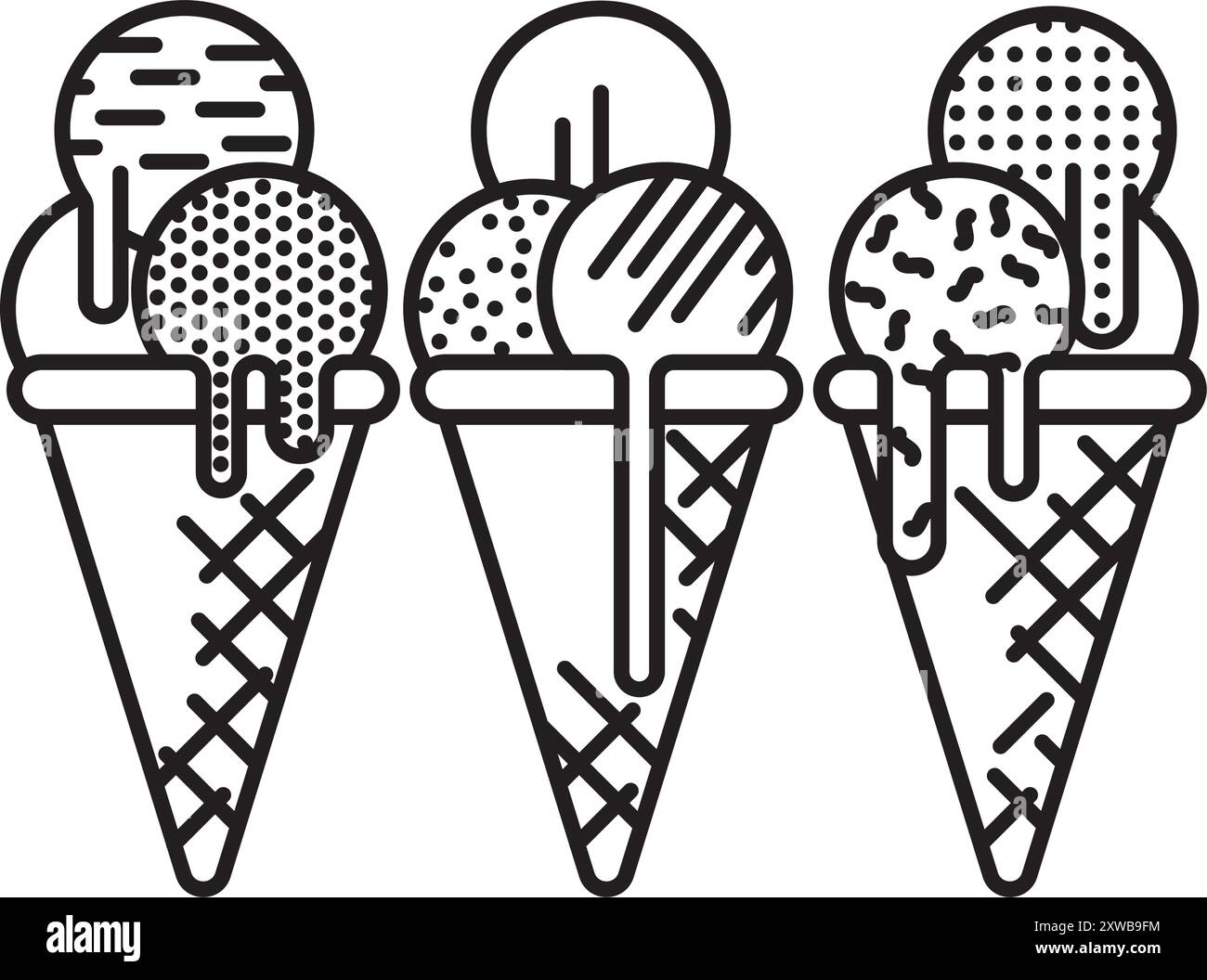 Three Ice Cream Cones With A Variety Of Flavors Vector Line Icon For