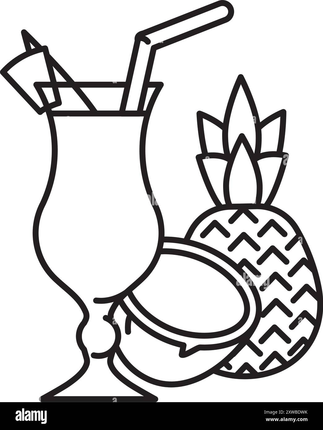 Pina Colada cocktail, coconut and pineapple vector line icon for Piña ...