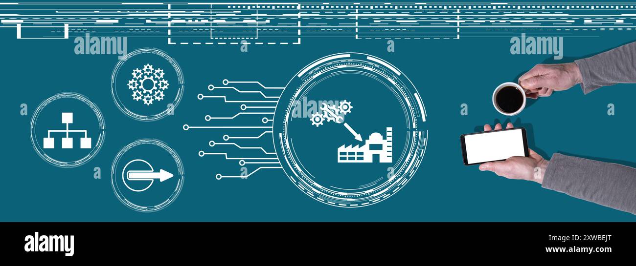 Top view of hands holding a mobile phone and a cup of coffee with ...