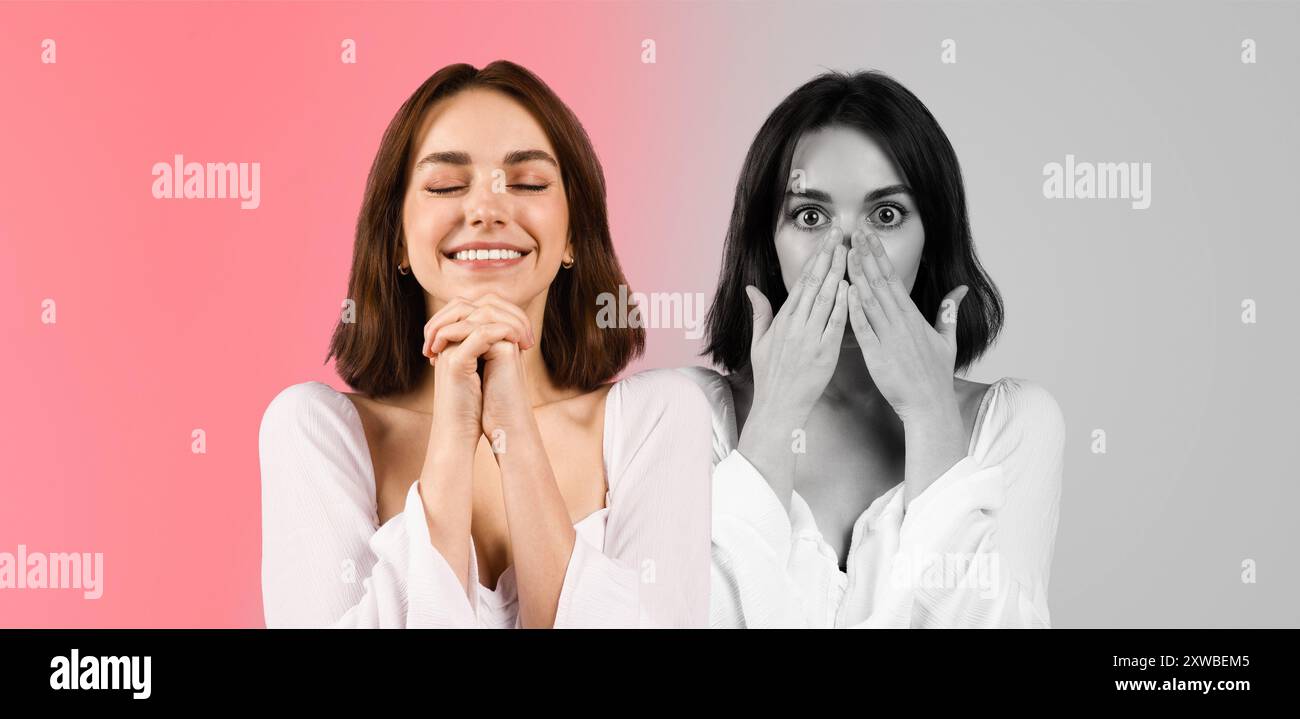 Expressions of Joy and Surprise Captured in Split Background Setting Stock Photo - Alamy