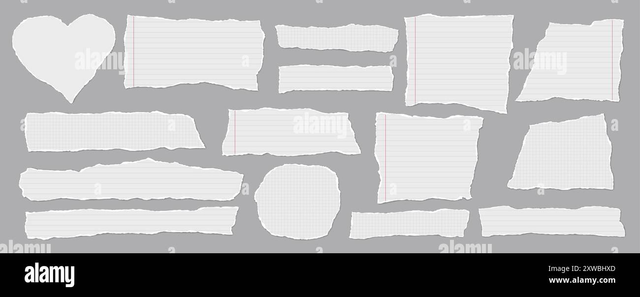 Set of torn white note paper pieces are on grey background for text ...