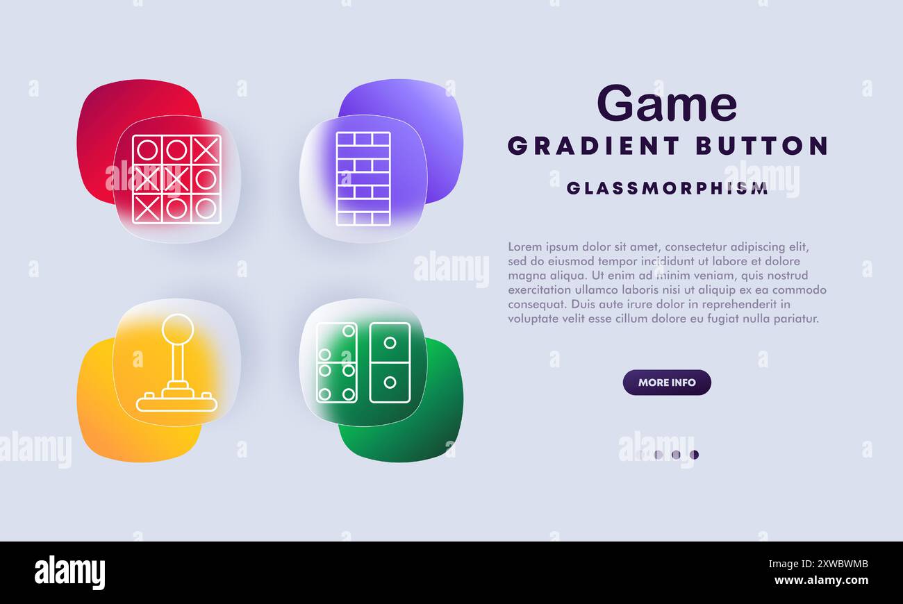 Game icon set. Tic-tac-toe, brick game, joystick, and domino icons. Glassmorphism design with ...