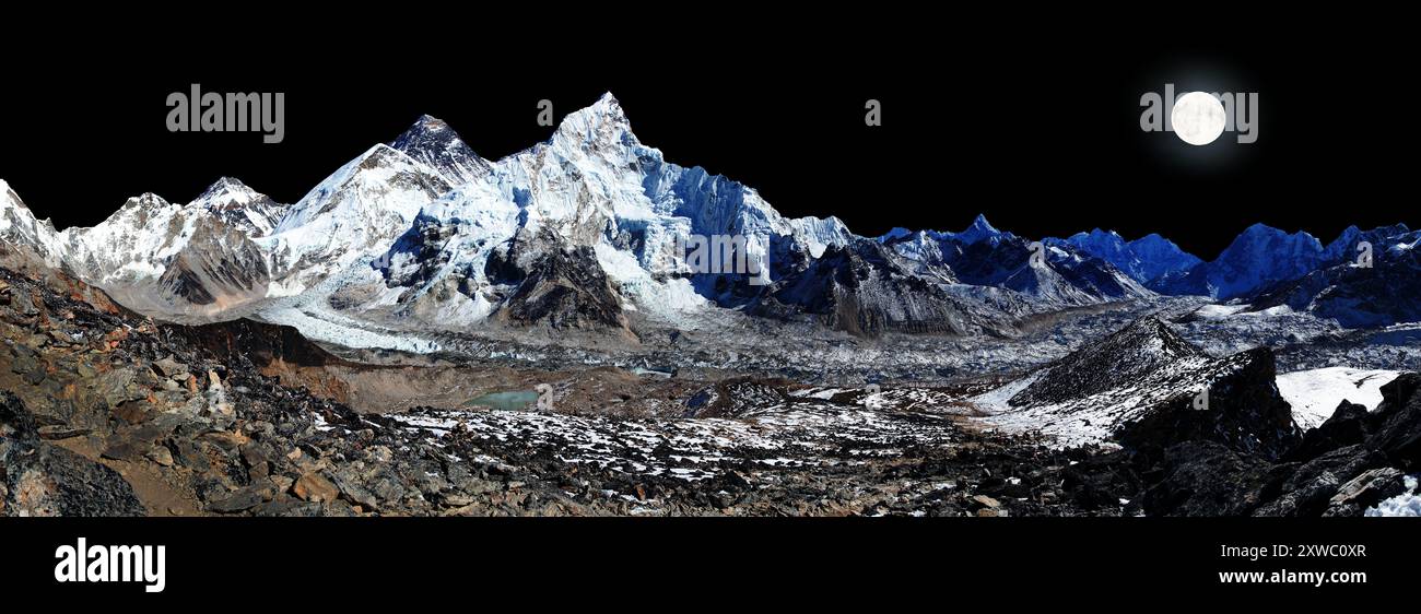 Mount Everest, night view with moon, Nepal Himalaya mountain. Mt. Everest and Nuptse peak from ...
