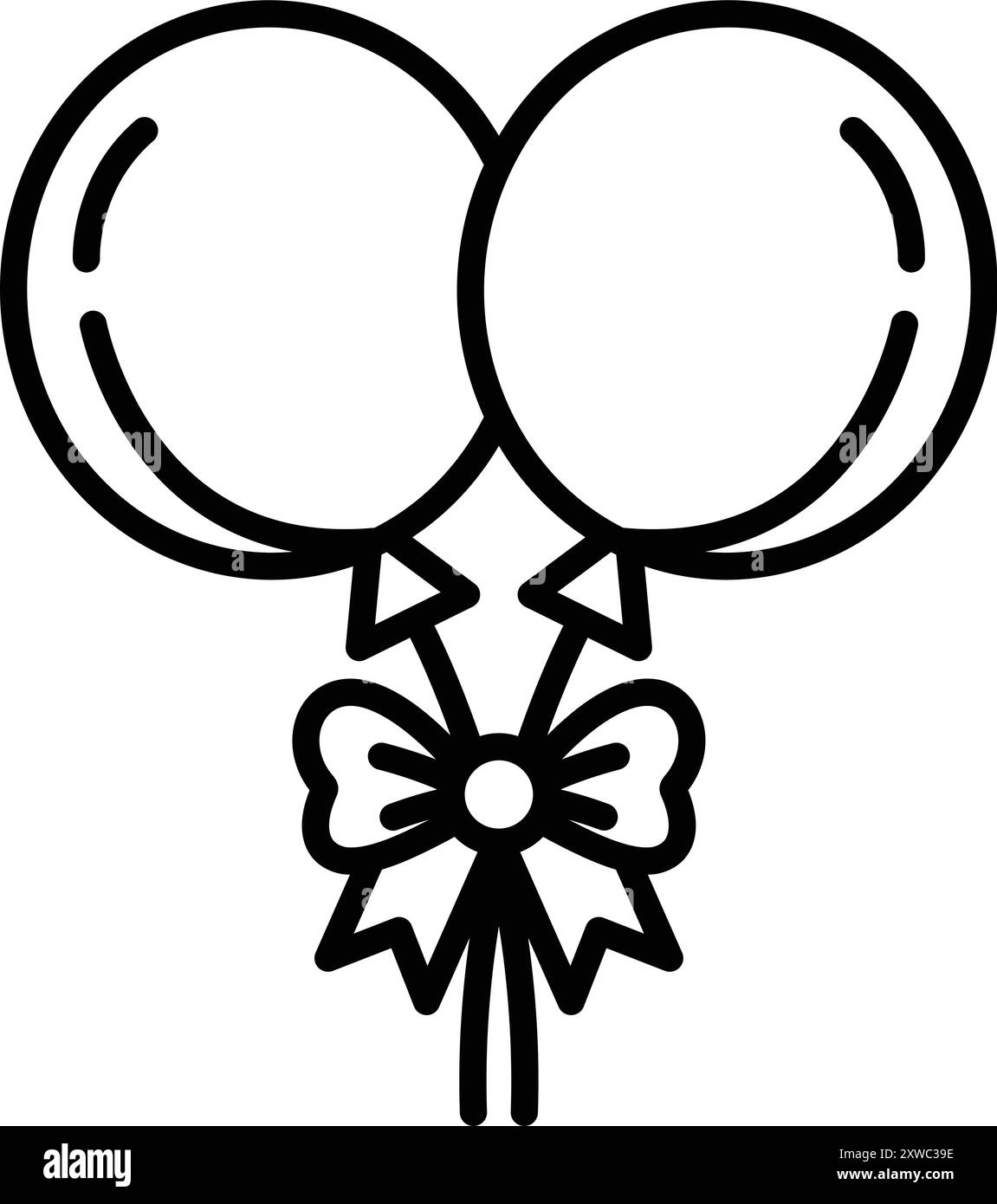 A black and white drawing of two balloons with a bow tied to them. The ...