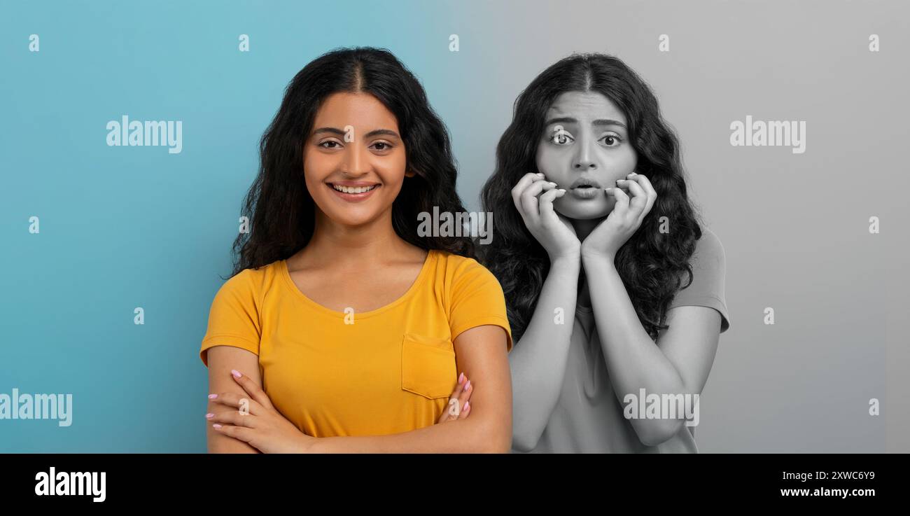 Contrasting Emotions of a Young Woman Expressing Joy and Surprise Stock ...