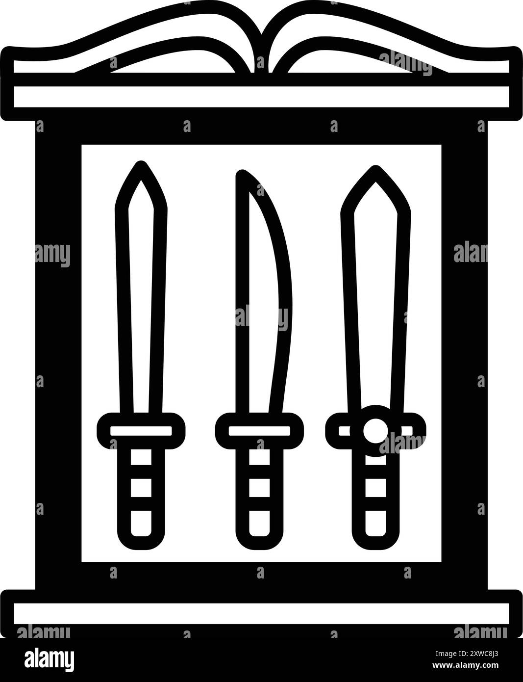 Three swords are displayed in a case. The swords are all different ...