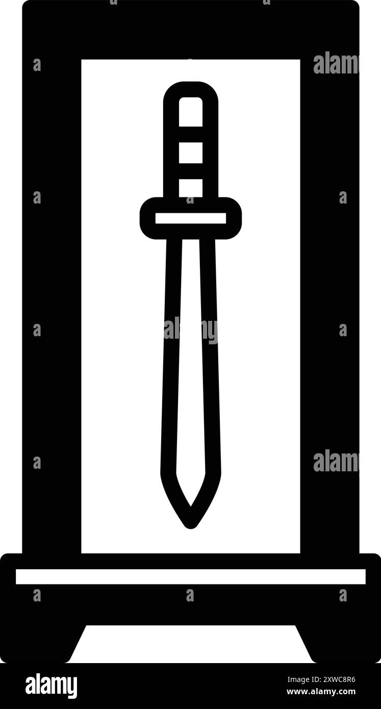 A sword is displayed in a glass case. The sword is a replica of a real ...