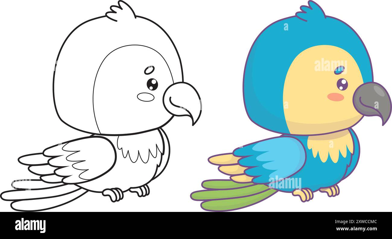 Cute Ara parrot. Outline and color drawing. Isolated funny cartoon ...