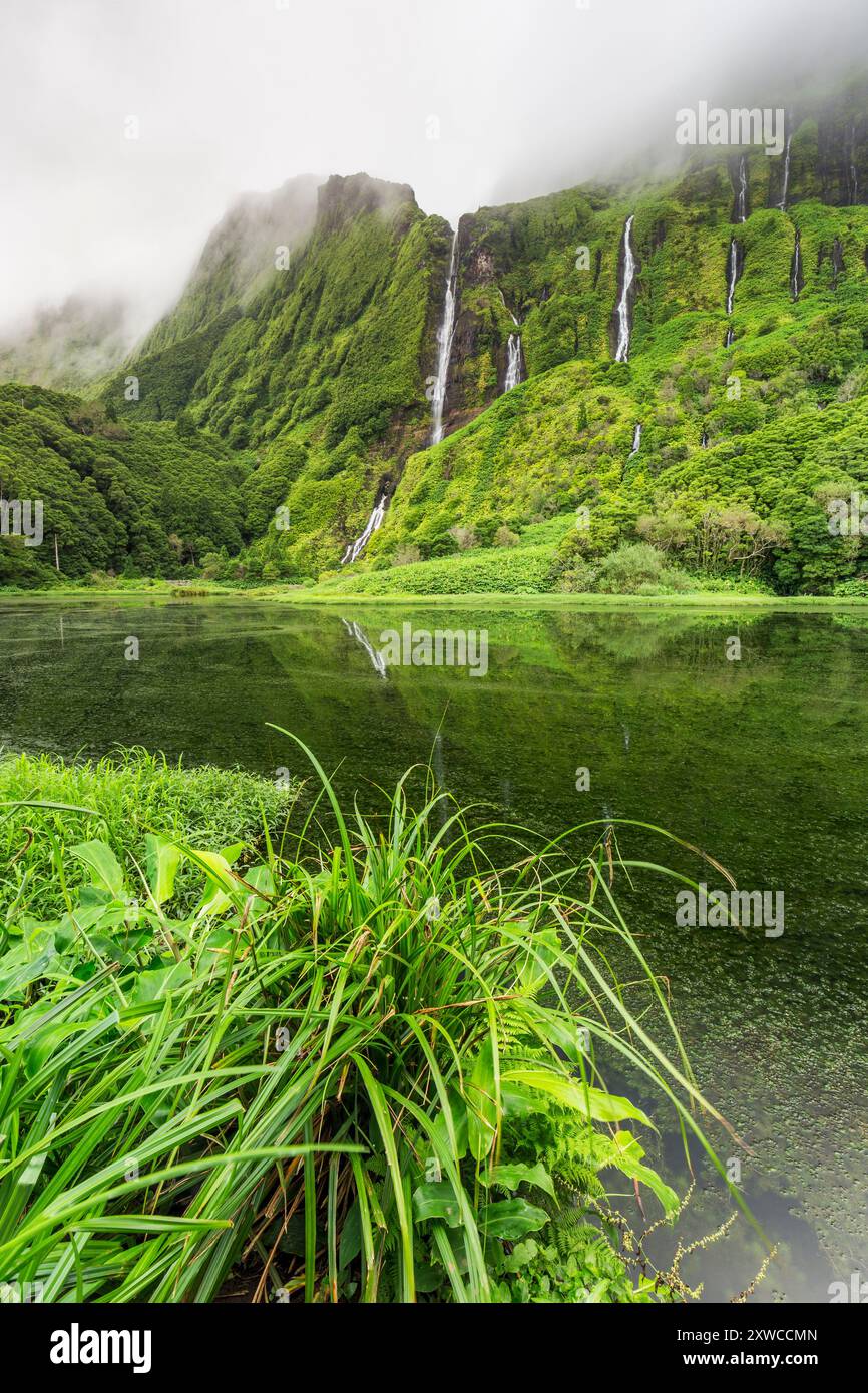 several waterfalls in a green landscape in Azores Stock Photo - Alamy