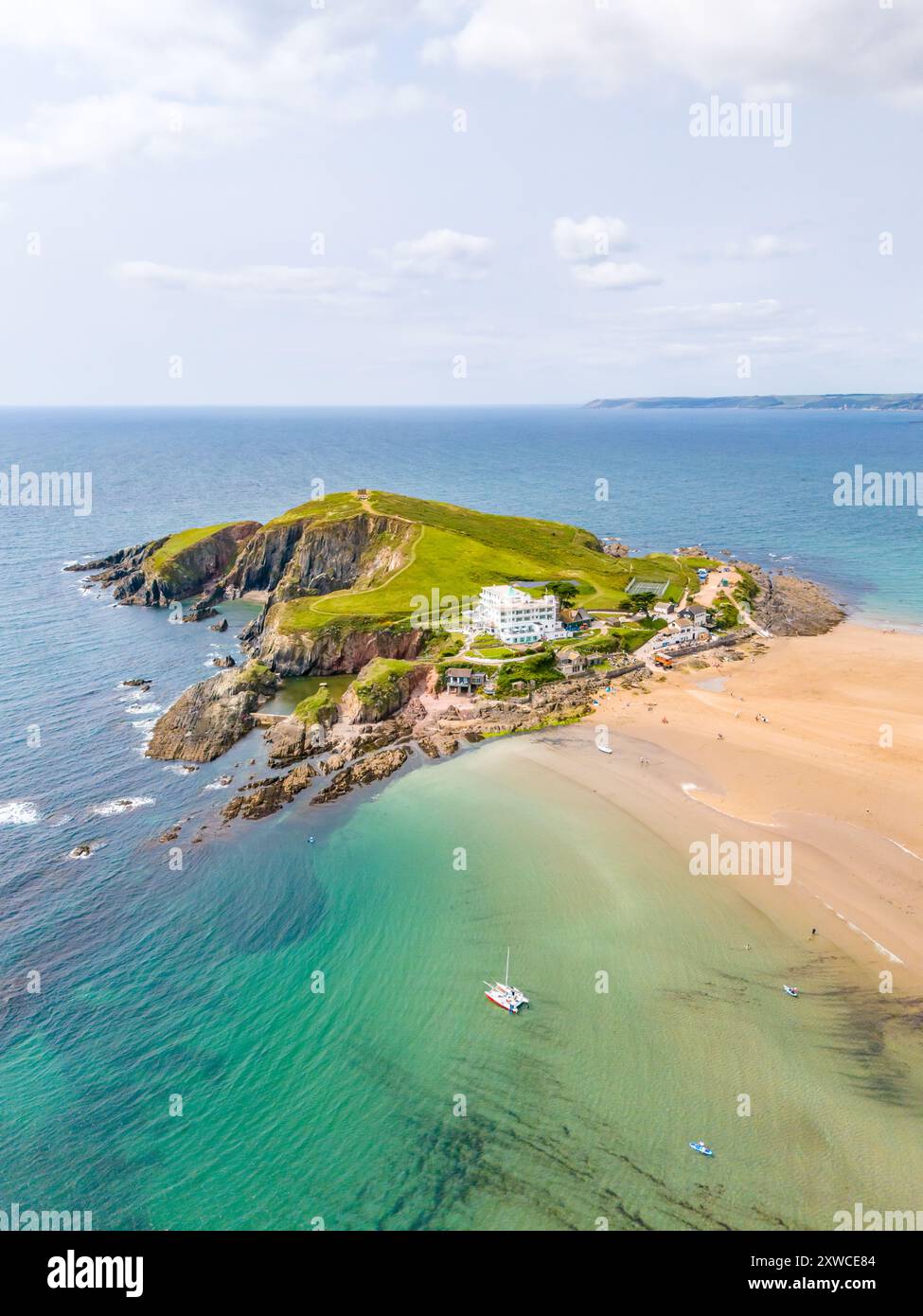 Burgh Island, UK. 18 August 2024. Aerial view over Burgh Island in ...