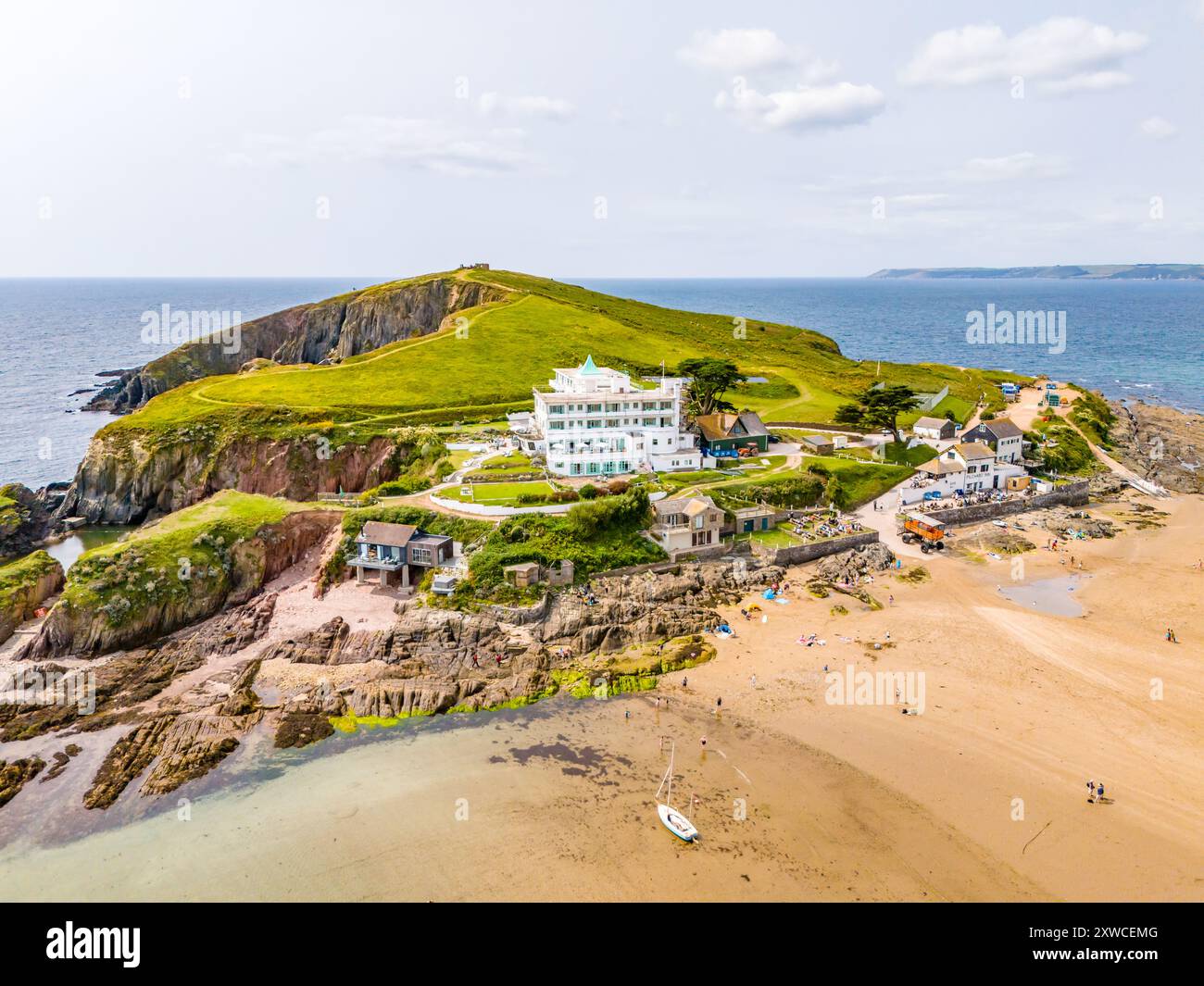 Burgh Island, UK. 18 August 2024. Aerial view over Burgh Island in ...