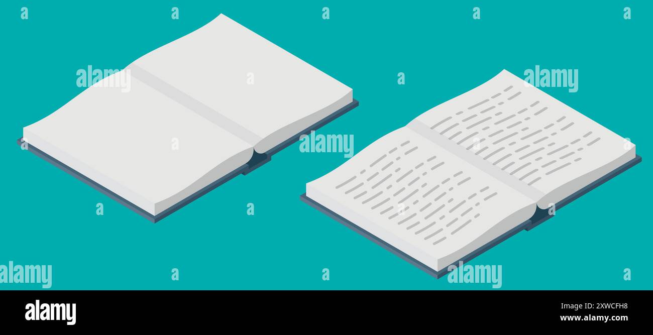 Two open books with blank and textfilled pages are shown on a vibrant ...