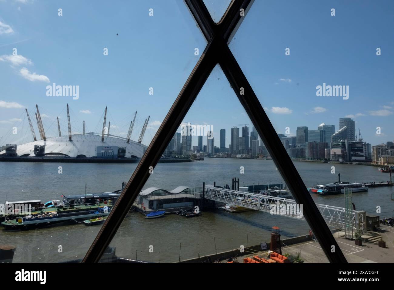 The O2 (Millennium Dome) through the windows of the Trinity Bouy ...
