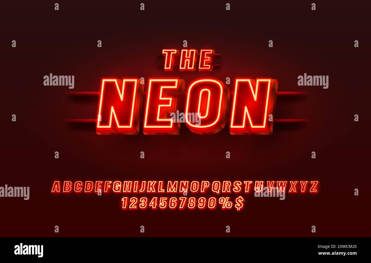 Neon city color red font. English alphabet and numbers sign. Vector ...