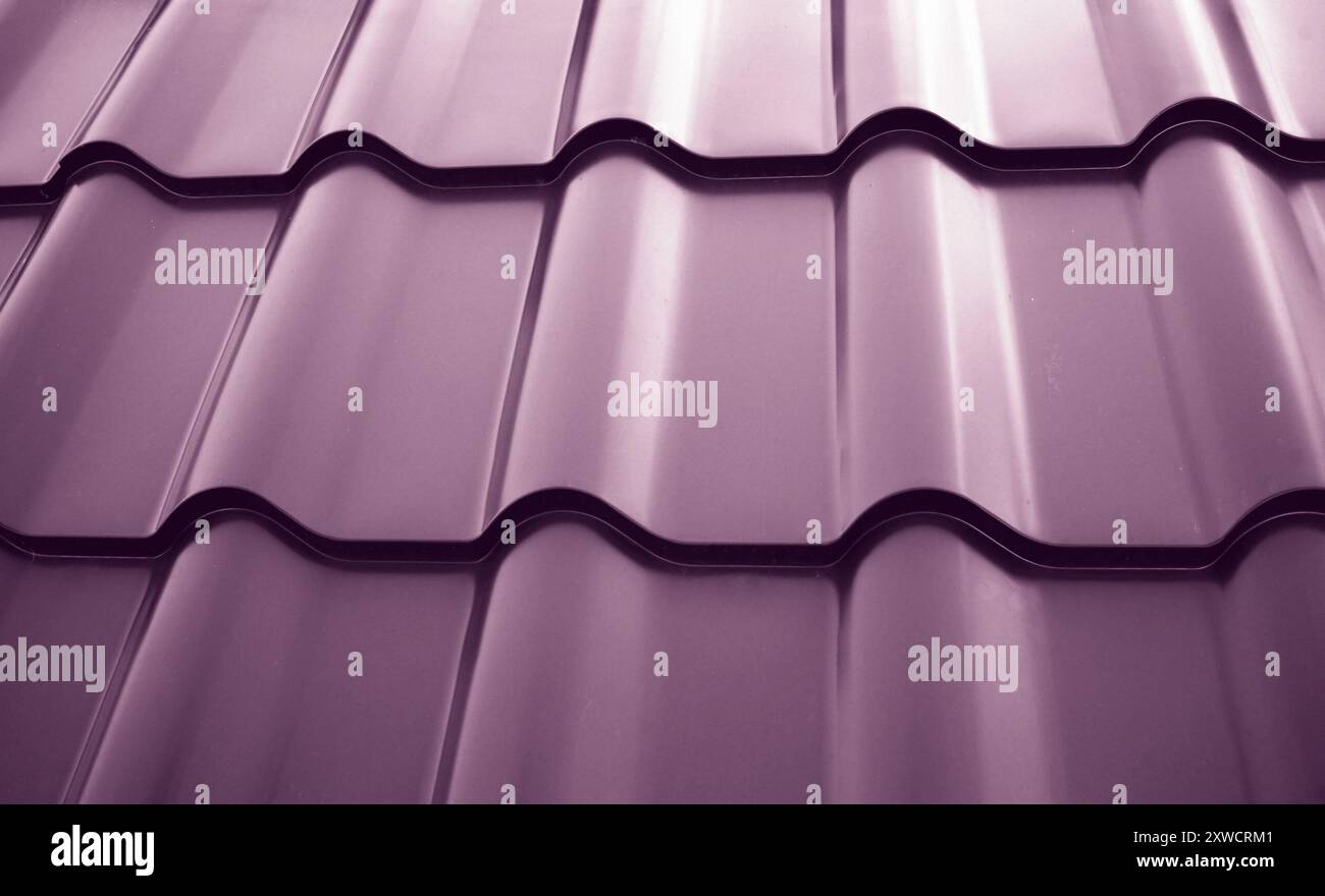 Close-up view lightweight steel roofing sheet. Purple color coated ...