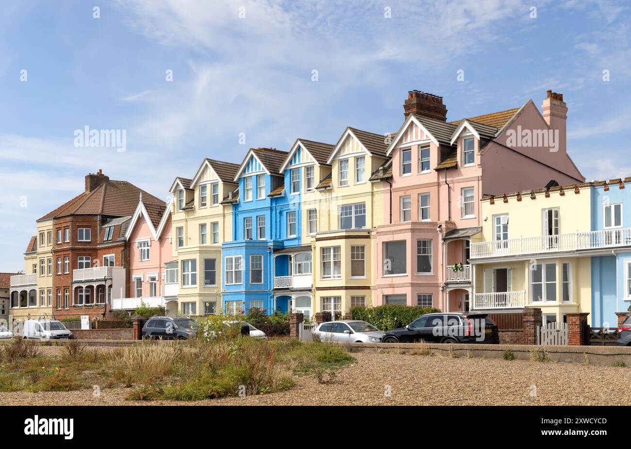 Coloured buildings on Aldeburgh beach seafront. Aldeburgh, Suffolk. UK ...
