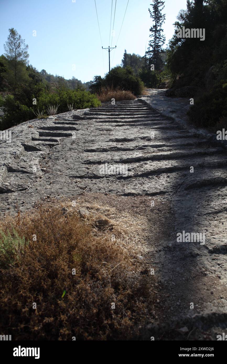 Steps in the rock part of an old Roman road to Jerusalem built about ...