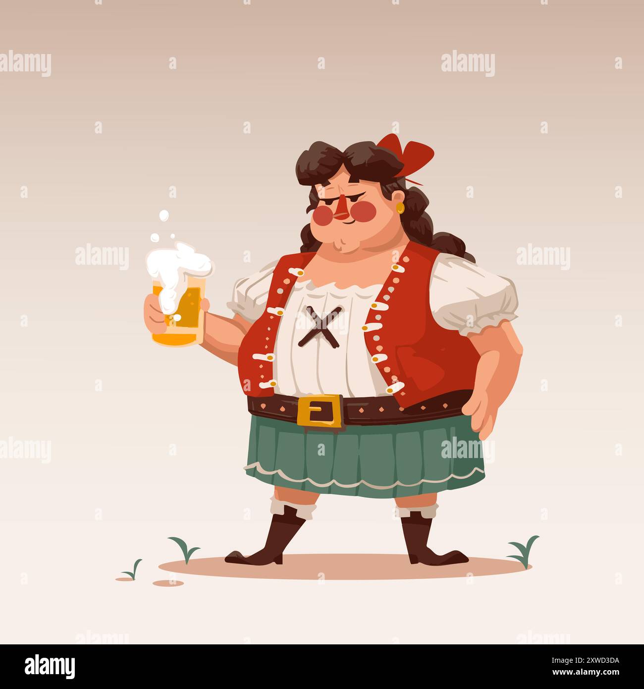 Vector illustration. Stout woman in traditional Bavarian attire holds ...