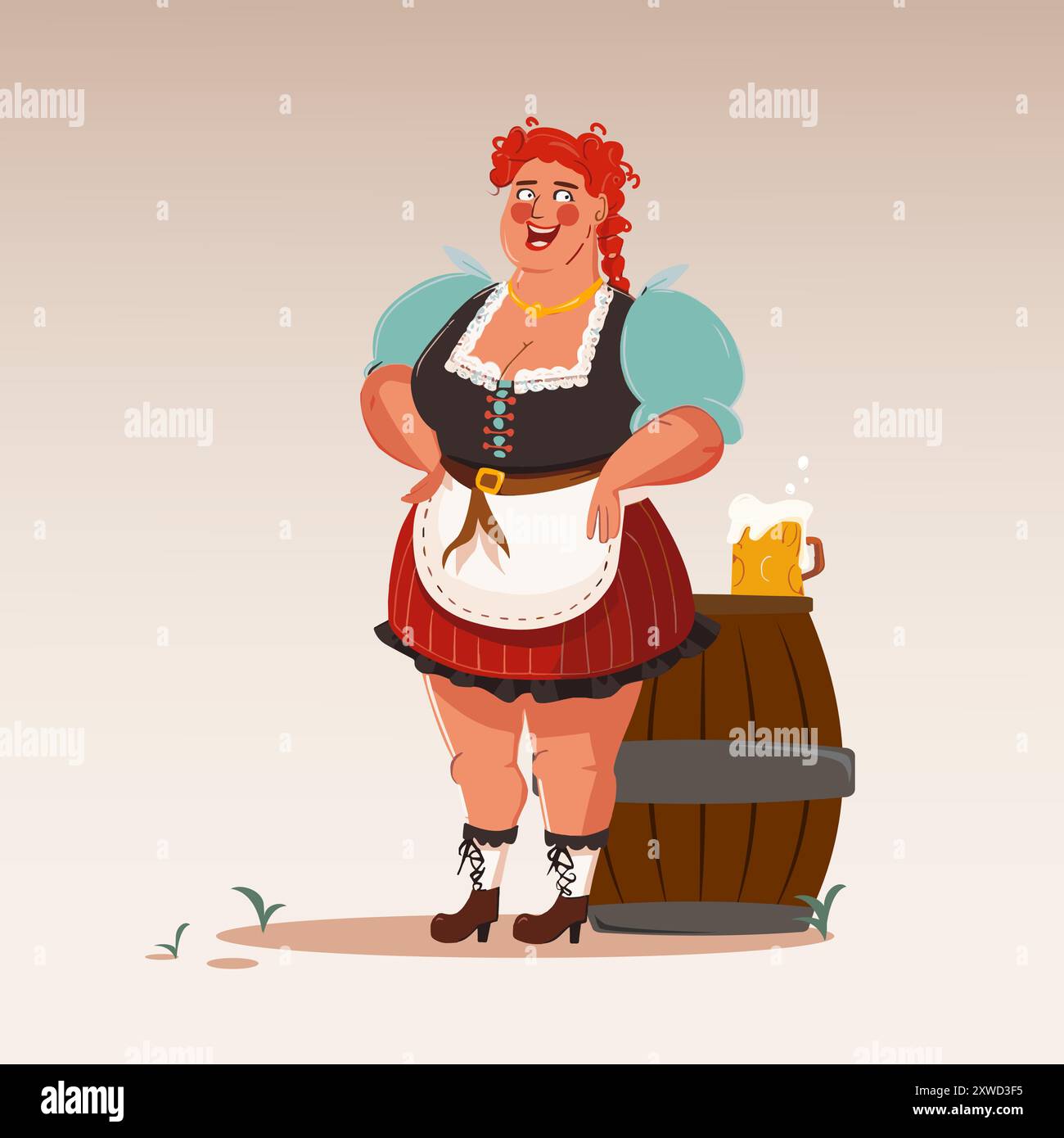 Vector illustration. Jovial red-haired woman in traditional Bavarian ...