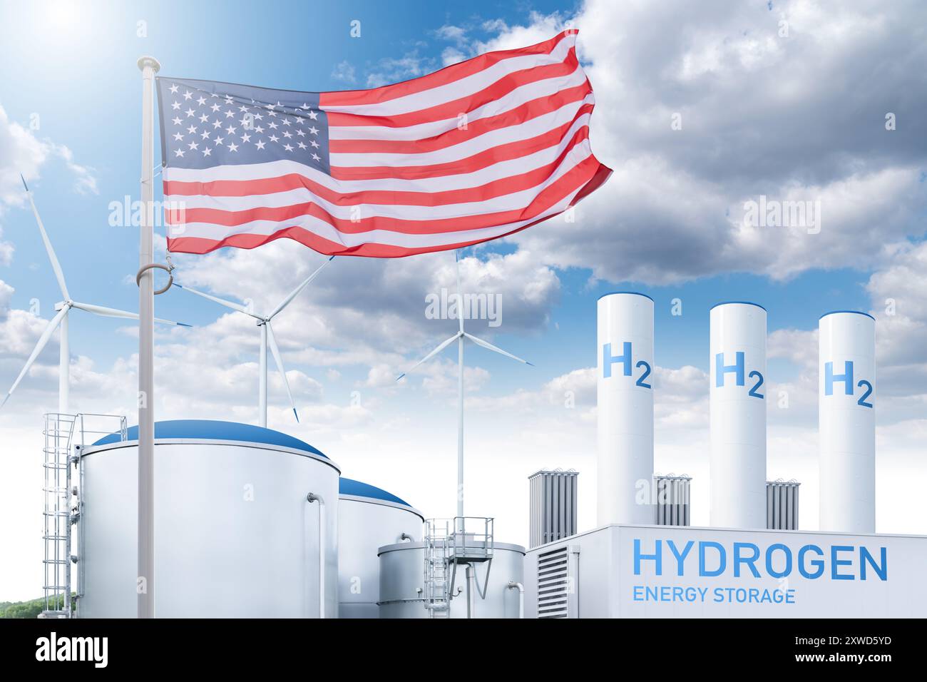 American flag on a background of green hydrogen factory. Concept Stock ...