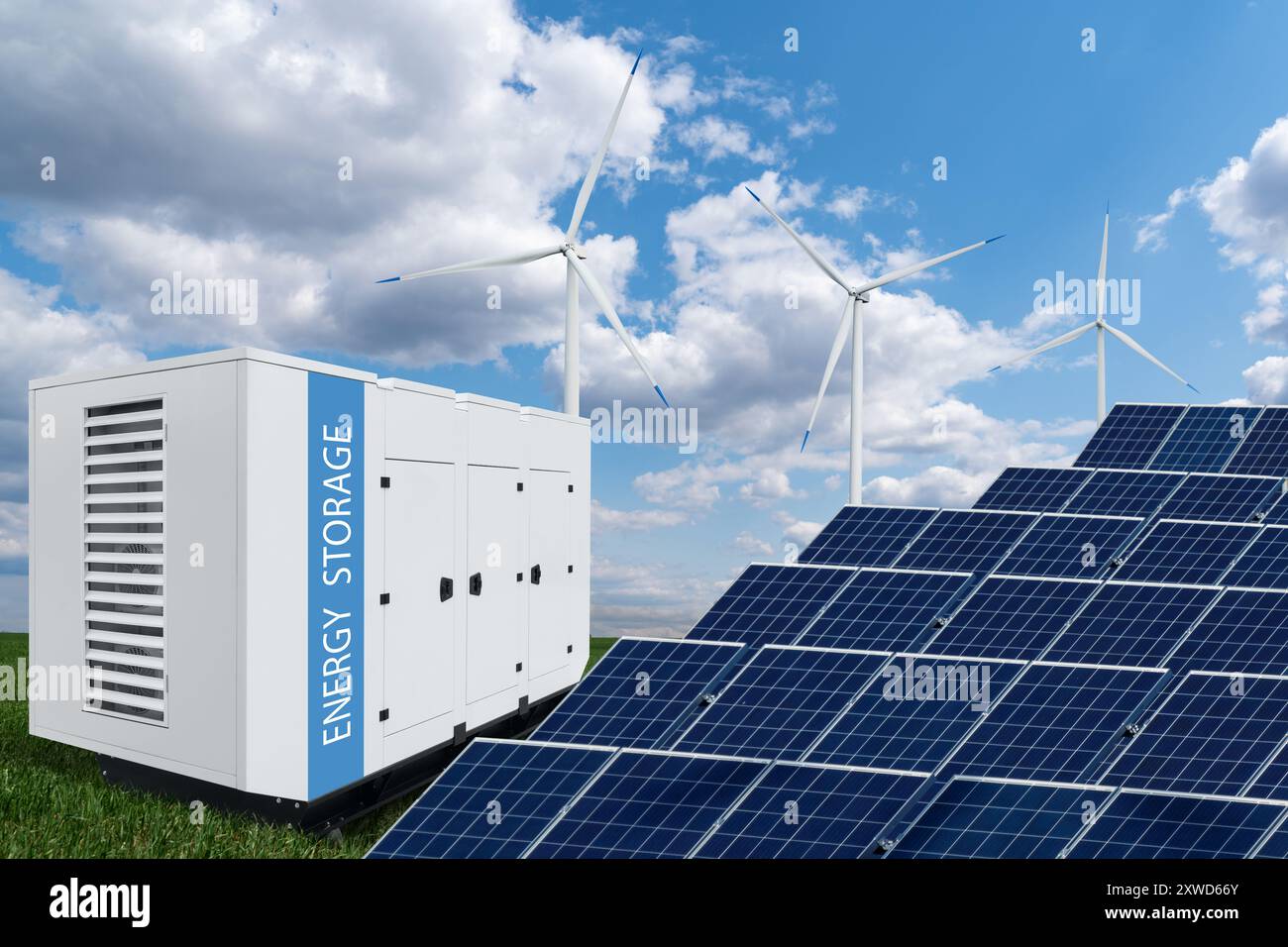 Solar panel and wind turbines with energy storage Stock Photo - Alamy