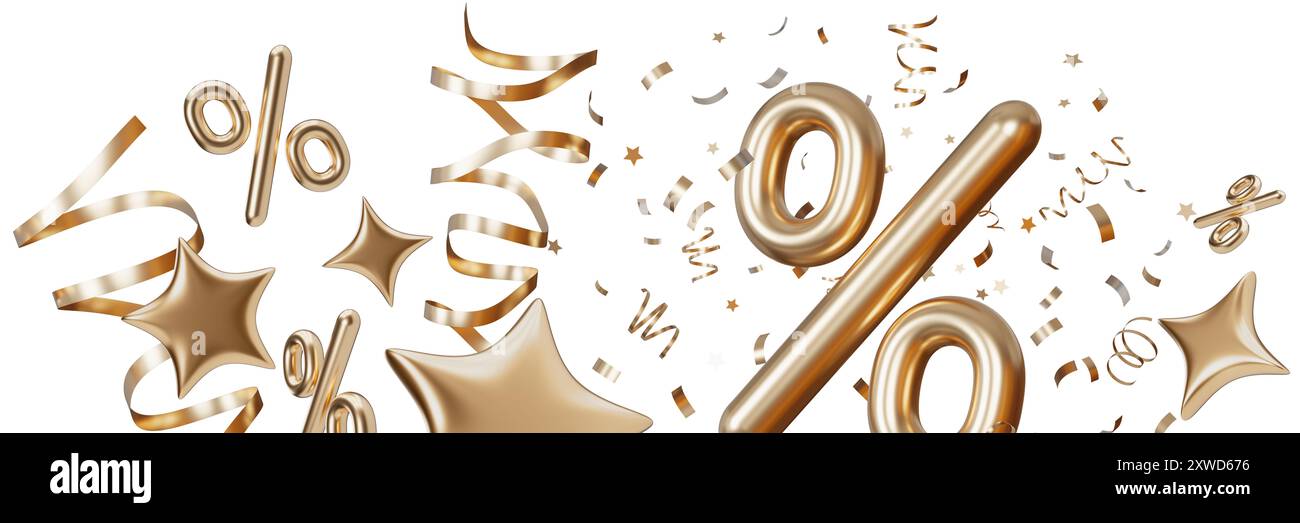 Elegant footer with floating golden percentage symbols, stars, confetti ...
